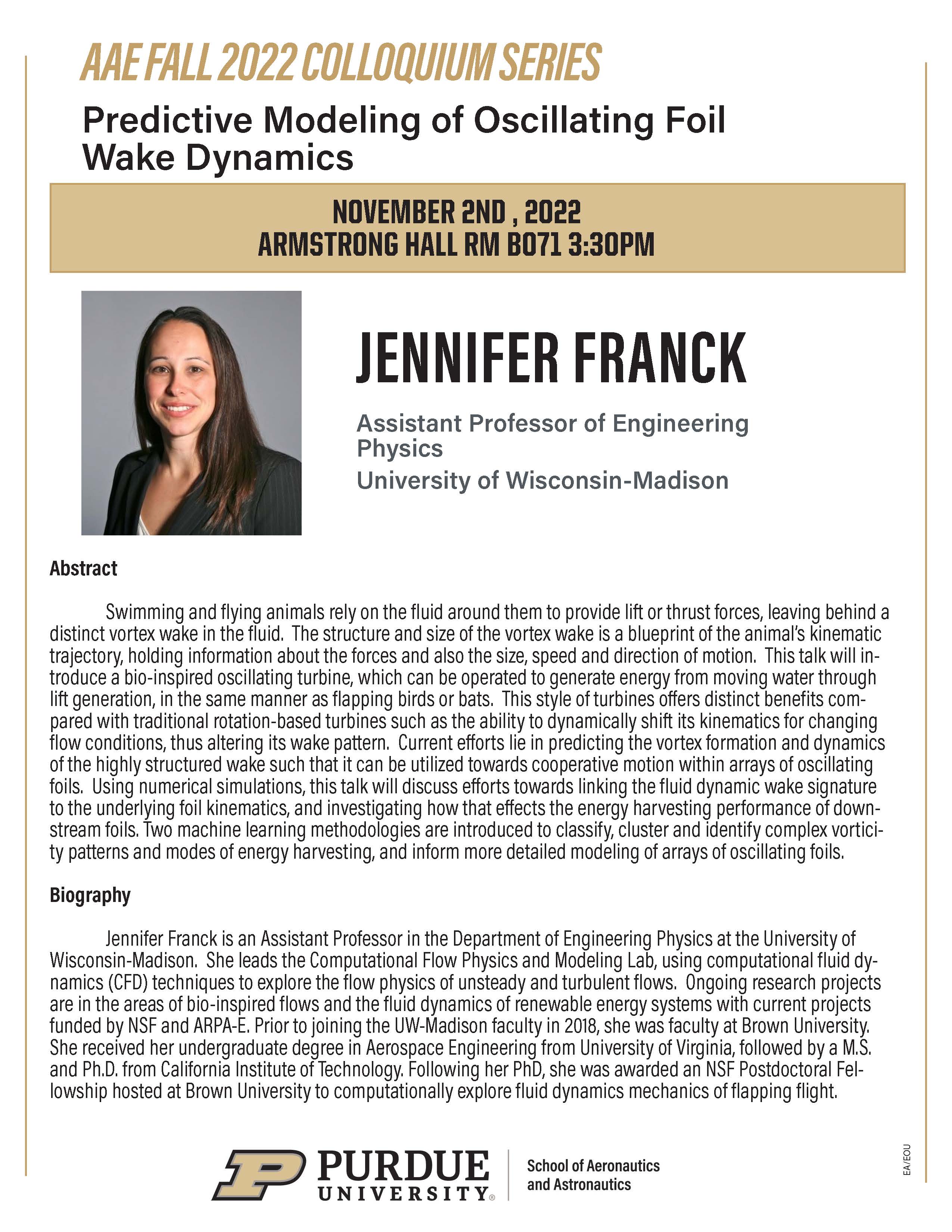 AAE Fall 2022 Colloquium Series Presents Dr. Jennifer Franck – 11/2 ...